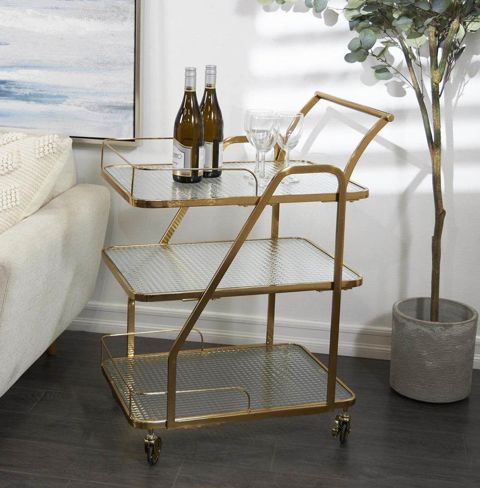 Glass 3 Tier Gold Metal Bar cart With Side Guards – Stool & Deco